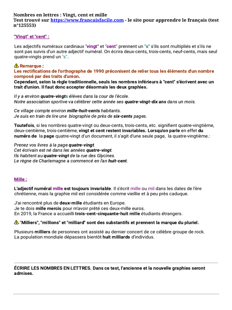 Nombres en Lettres - Vingt, Cent Et Mille | PDF