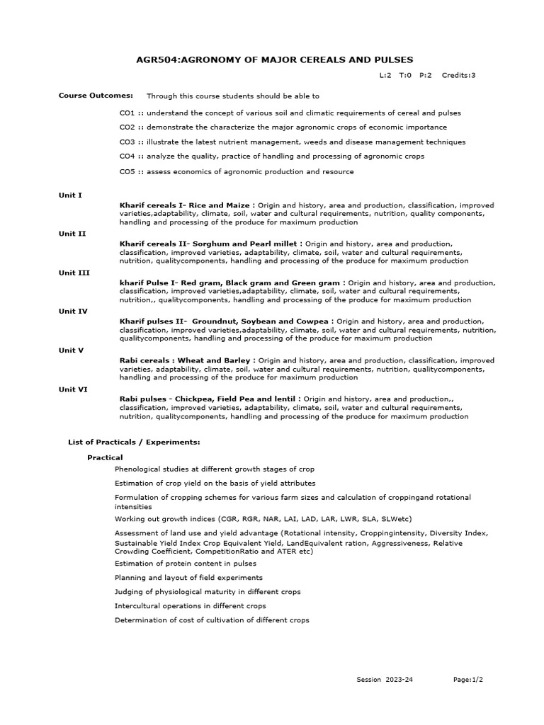 Agronomy of Major Crops and Cereals | PDF