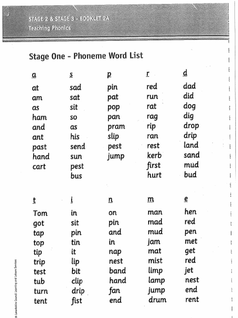 Phoneme Word Lists Stage 1 2 3 | PDF