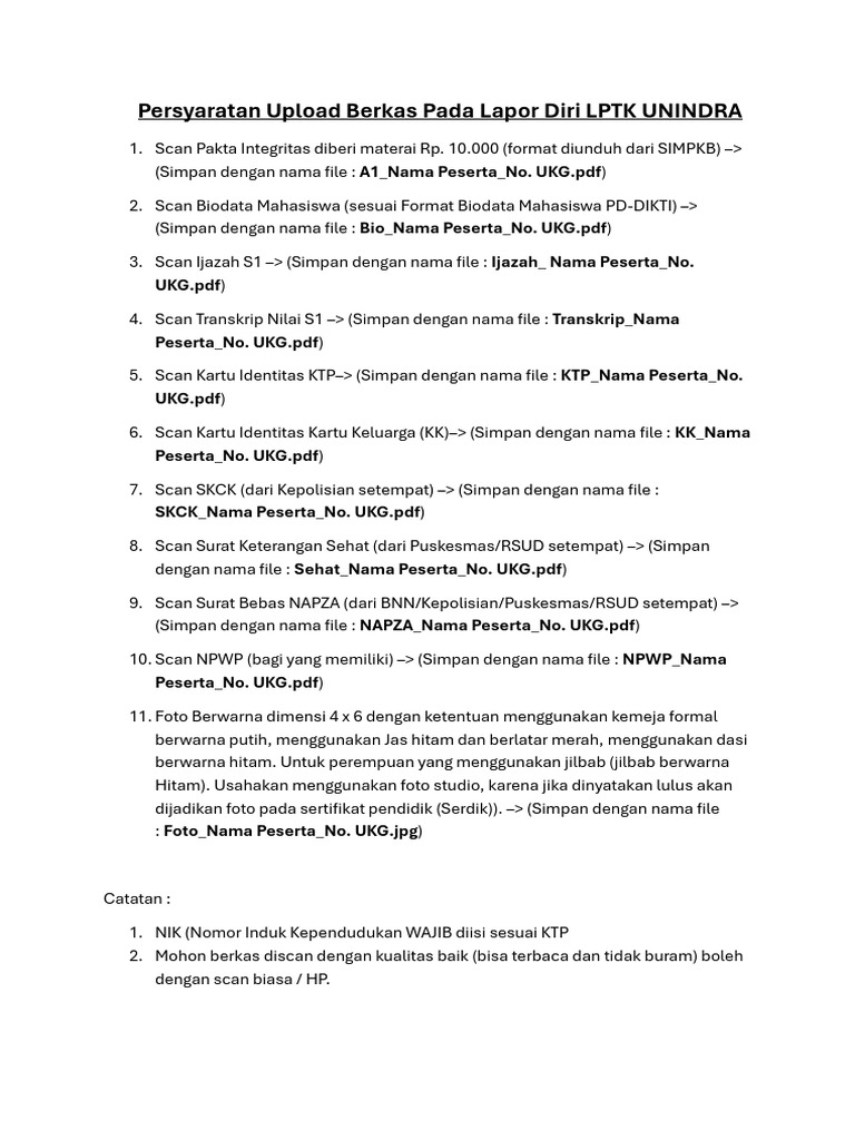 Persyaratan Upload Berkas Pada LPTK UNINDRA | PDF