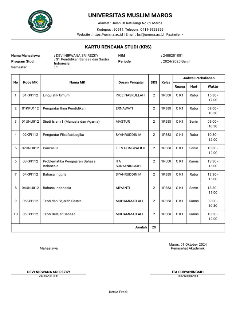 Universitas Muslim Maros: Kartu Rencana Studi (KRS) | PDF