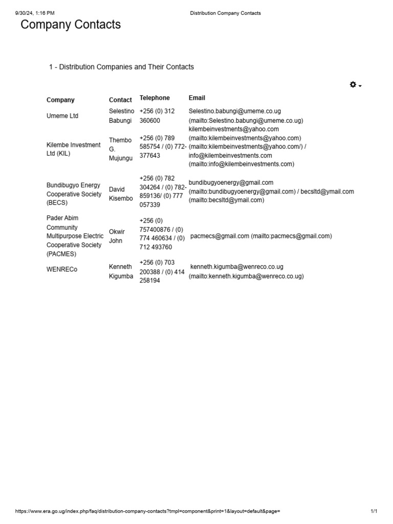 Distribution Company Contacts | PDF