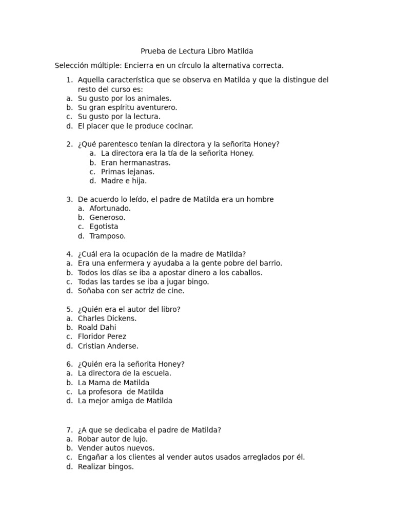 Prueba de Lectura Libro Matilda Parte 1 | PDF