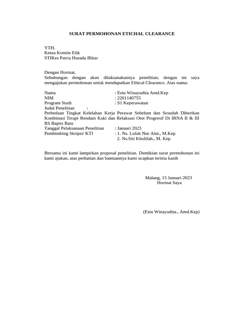 SURAT PERMOHONAN ETICHAL CLEARANCE | PDF