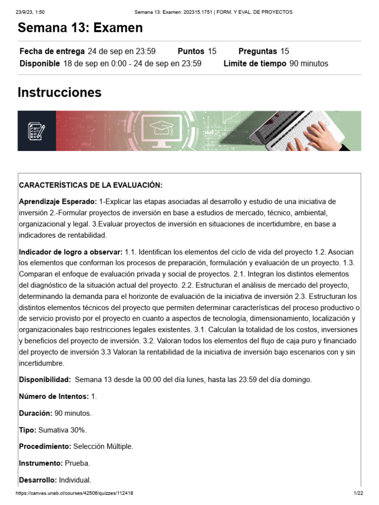 Semana 13 - Examen - 202315.1751 - FORM. Y EVAL. DE PROYECTOS | PDF