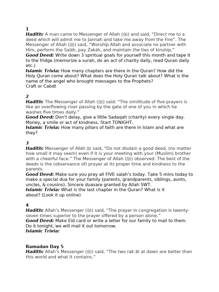 Ramadan Advent Calendar 30 Days of Hadiths, Trivia, Good Deed | PDF