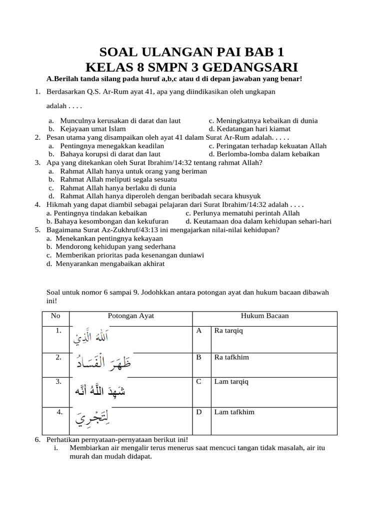 SOAL ULANGAN PAI BAB 1 Kelas 8 | PDF