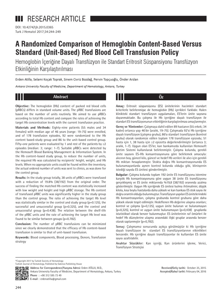 A Randomized Comparison of Hemoglobin Content | PDF