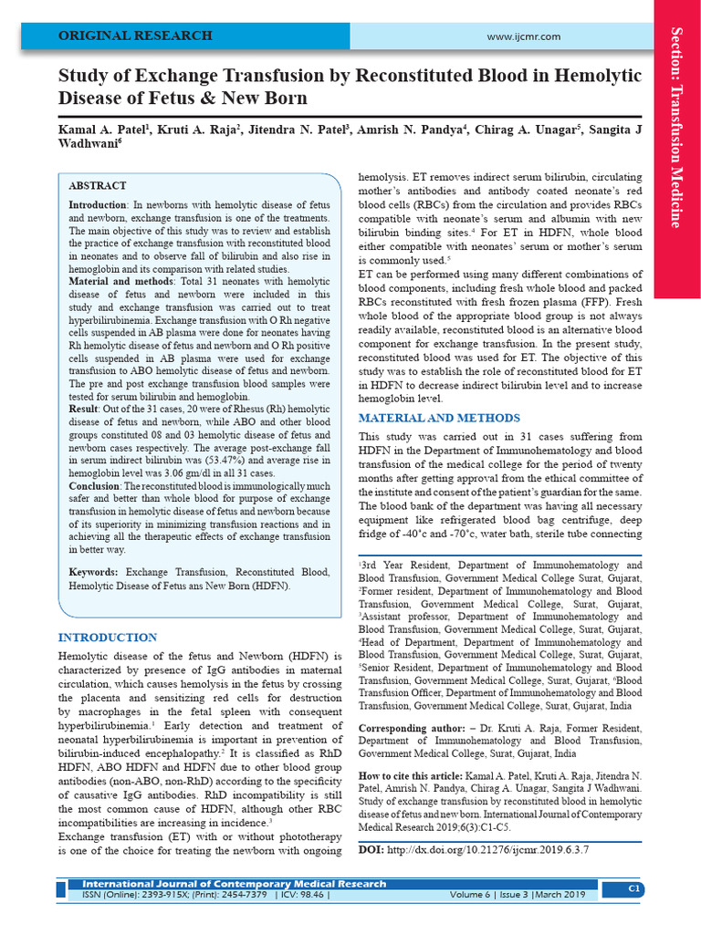 Study of Exchange Transfusion by Reconstituted Blood in HDFN | PDF