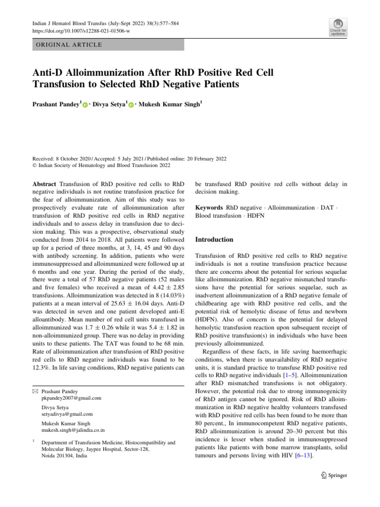 Anti-D Alloimmunization After RhD Positive Red Cell Transfusion in ...