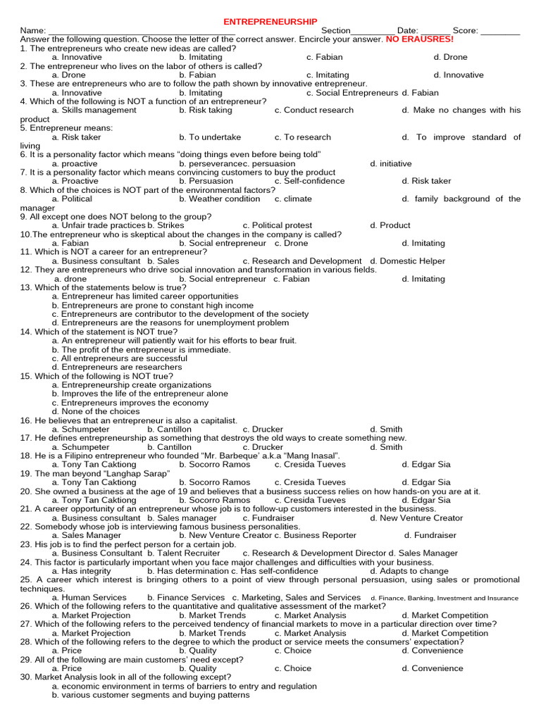 Entrepreneurship Mock Exam | PDF