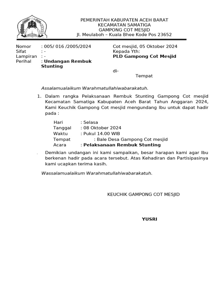 Surat Undangan Rembug Stunting PLD | PDF