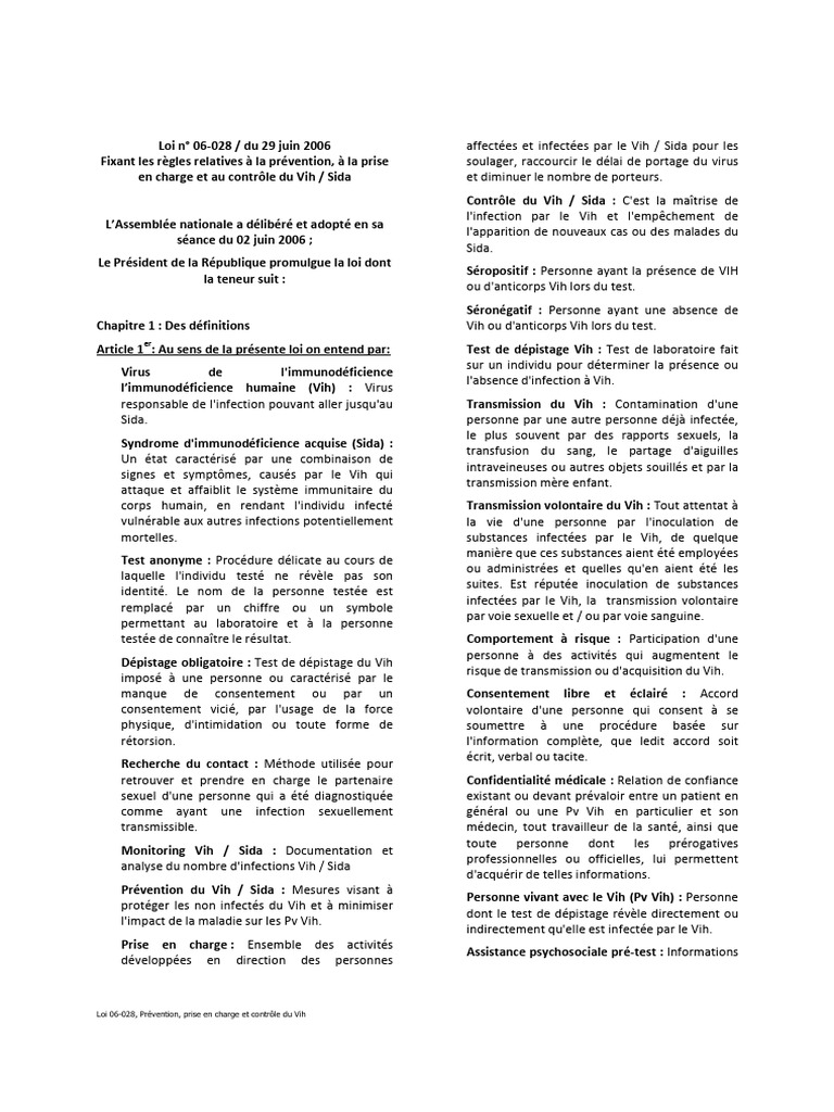 Loi 06-028 Prophylaxie Vih Jo | PDF