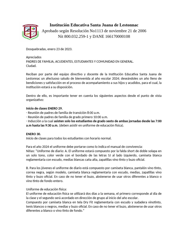 Comunicado A Padres de Familia Inicio de Clases Enero de 2024 | PDF