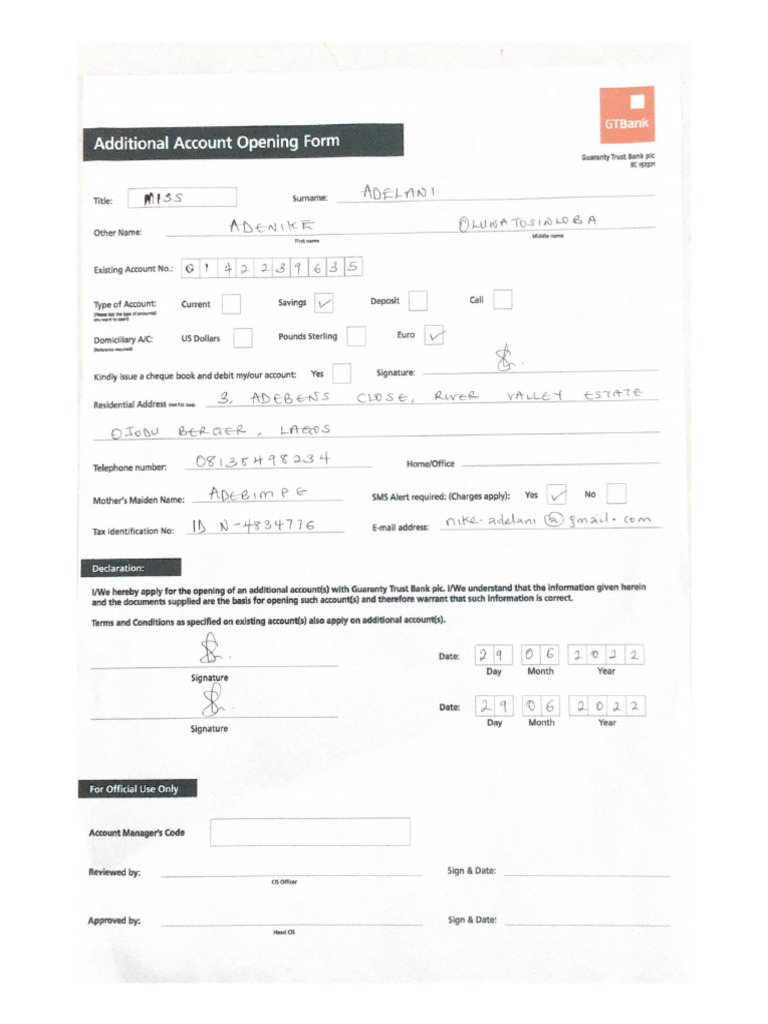 Additional Account Opening Form | PDF