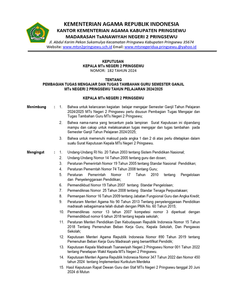SK Pembagian Tugas Ganjil 2024-2025 | PDF