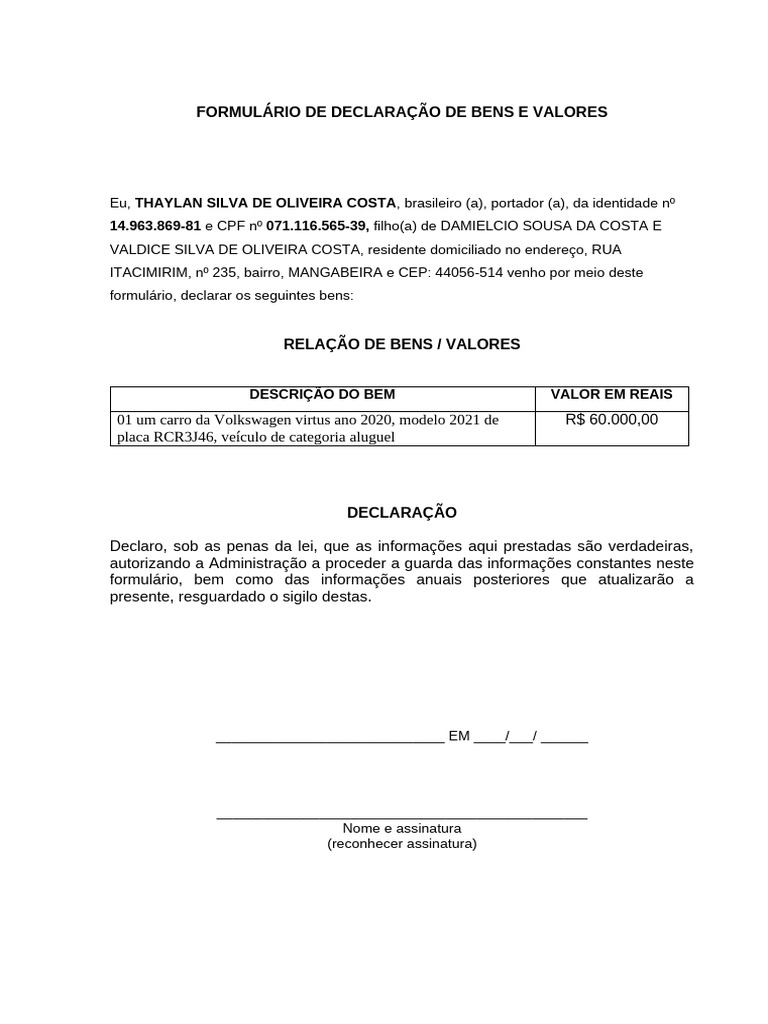 Formulario Declaracao de Bens e Valores modificado | PDF