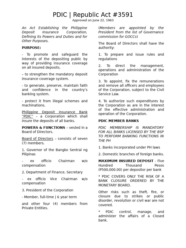 Philippine Deposit Insurance Corporation RA3591 | PDF