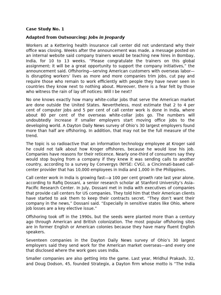 Case Study No. 1 | PDF | Cost Of Living | Outsourcing