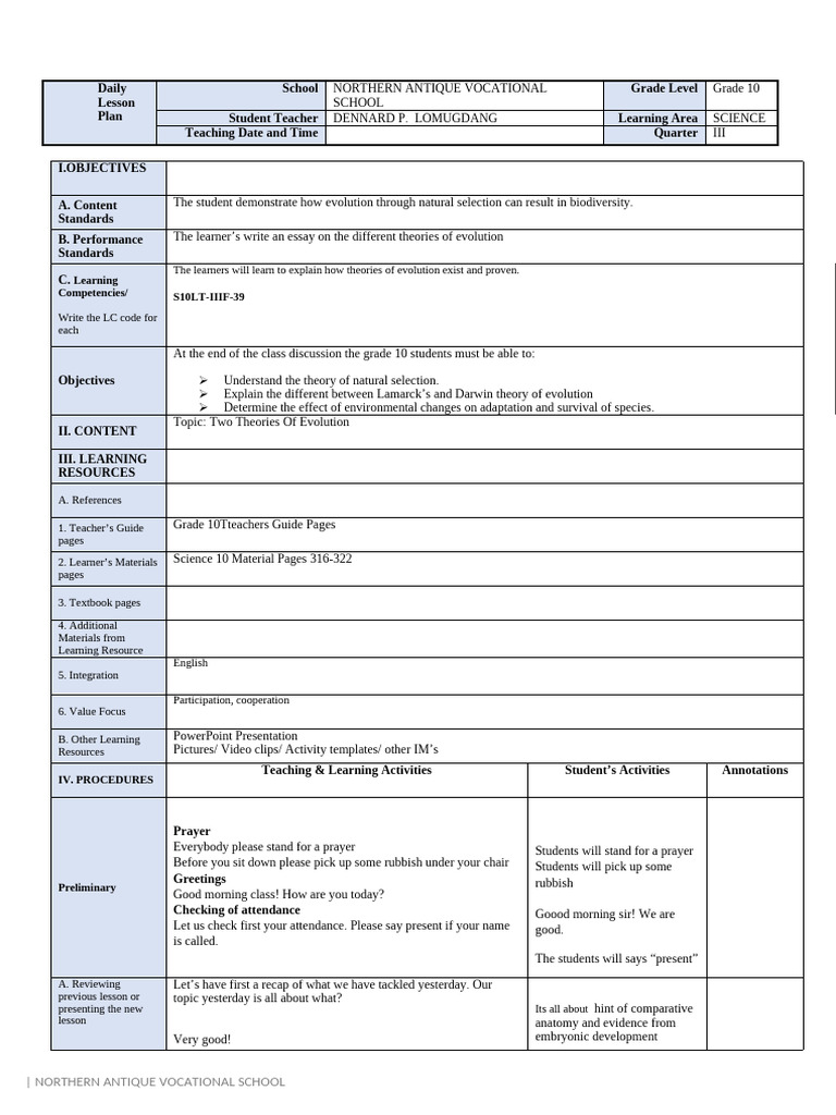 Lesson Plan4-Two Theories of Evolution | PDF