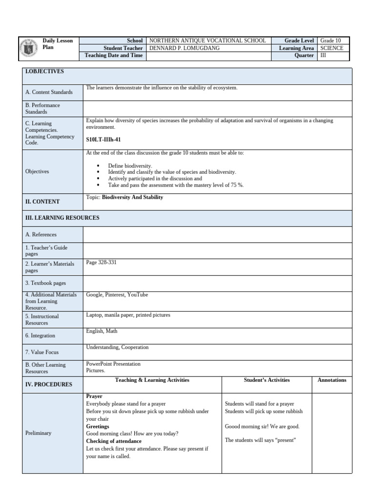 Lesson Plan5 - Biodiversity | PDF