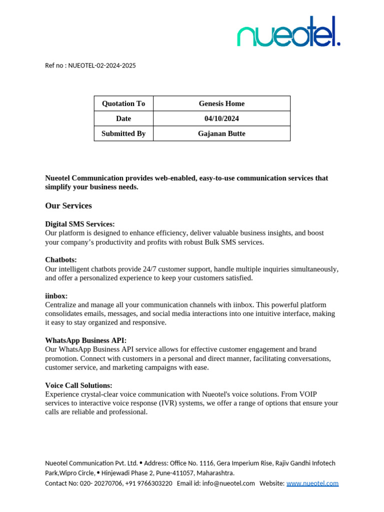 Genesis Home Nueotel Quotation | PDF