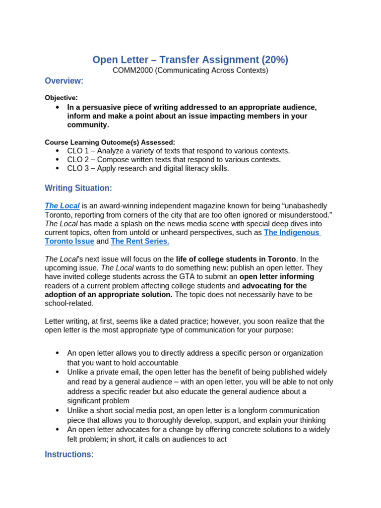 Open Letter Transfer Assignment Option (20%) - Instructions - Transfer ...