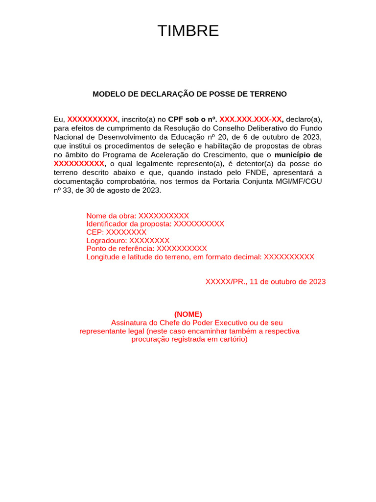 Modelo de Declaração de Posse de Terreno | PDF