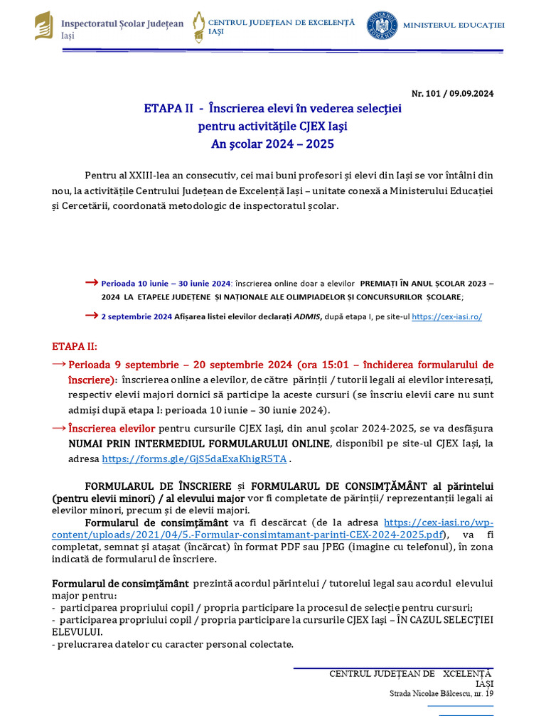 Inscriere Elevi CEX Iasi - Etapa II - 2024 - 2025 | PDF