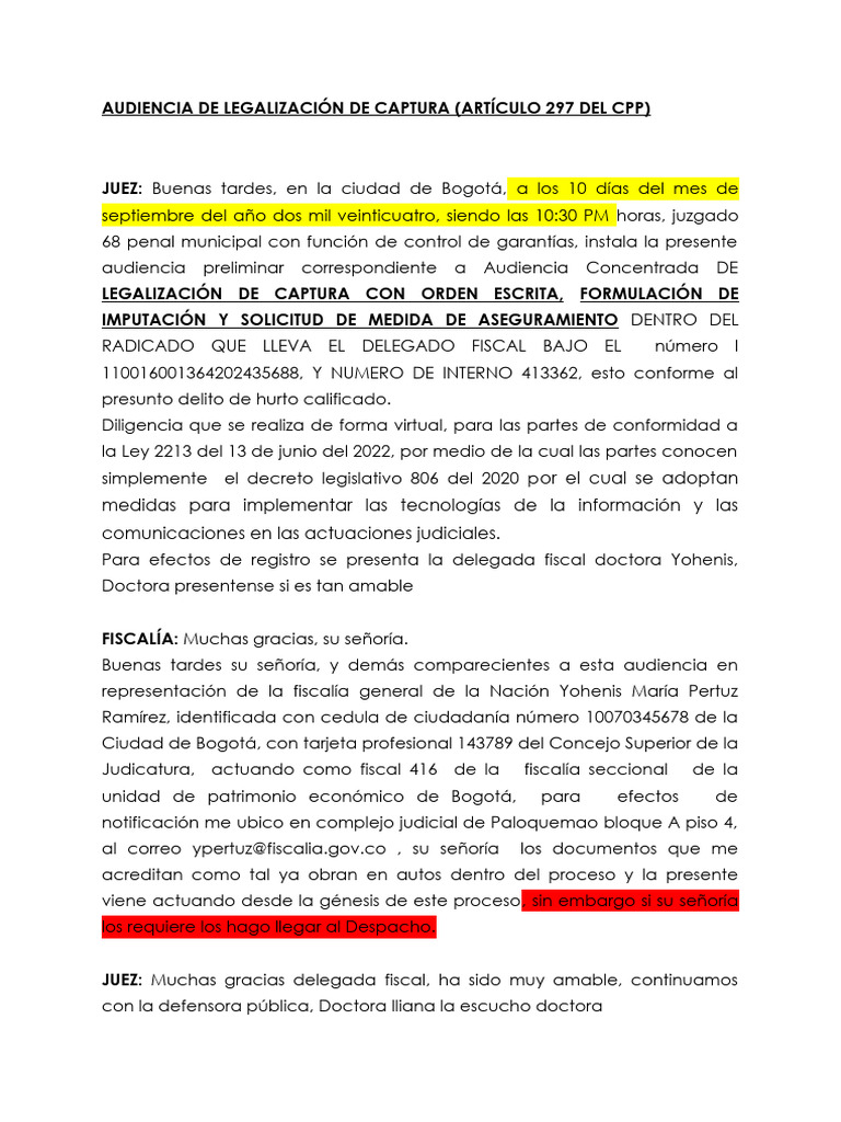 Audiencia de Legalización de Captura (Artículo 297 Del CPP) | PDF