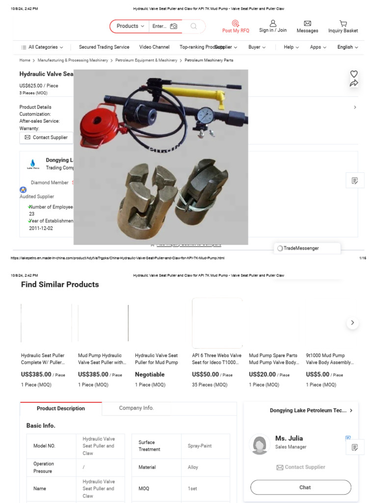 Hydraulic Valve Seat Puller and Claw For API 7K Mud Pump - Valve Seat ...
