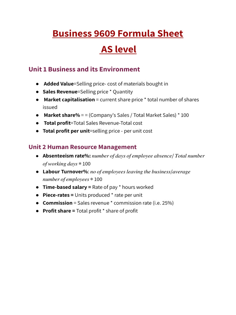 Business 9609 Formula Sheet | PDF