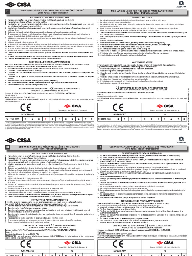 Istruzioni Serrature CISA Mito Panic Meccaniche | PDF
