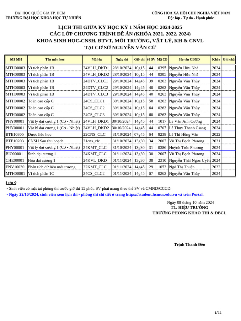 Lich Thi Giua Ky Hk1 - 2425 - CT de An Khoa Sinh - DTVT - Mtruong - Ly - KH-CNVL - Chính TH C | PDF