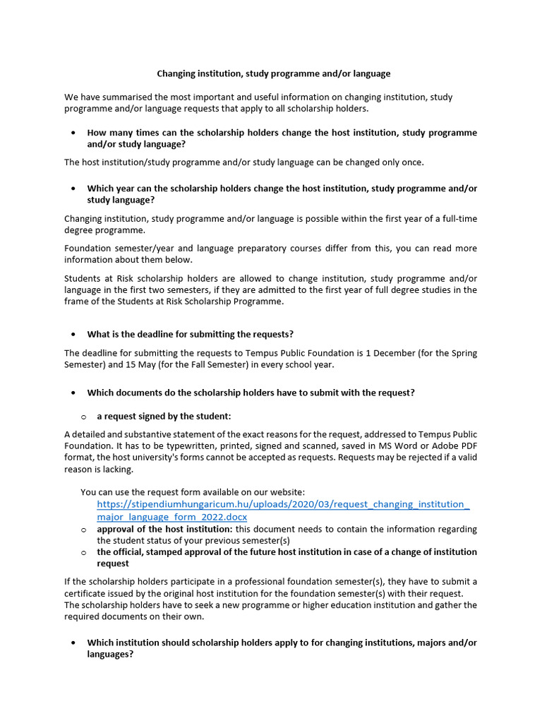 Changing Institution Study Programme Study Language | PDF