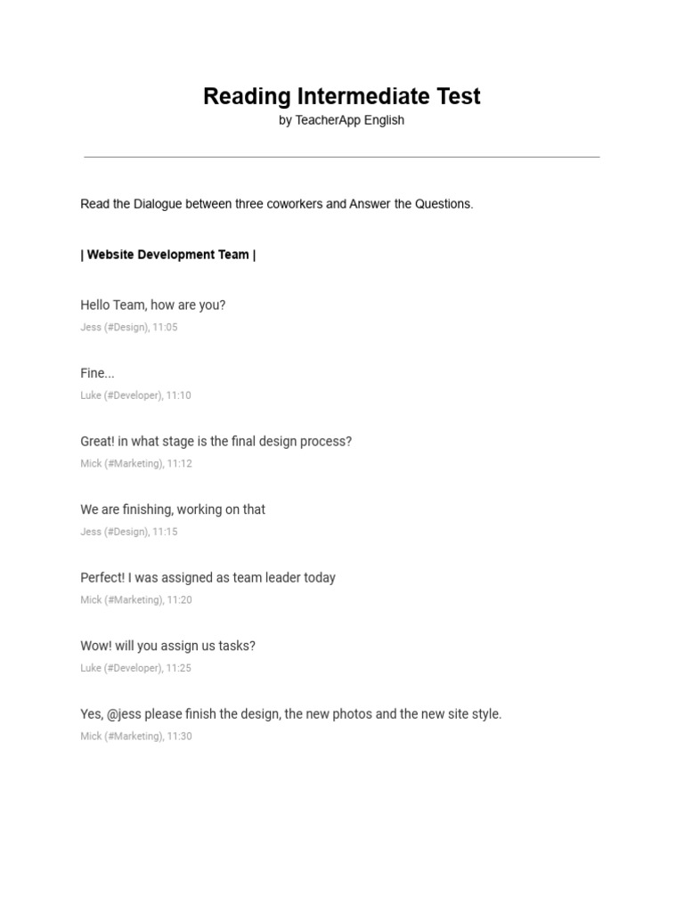 Reading Intermediate Test | PDF
