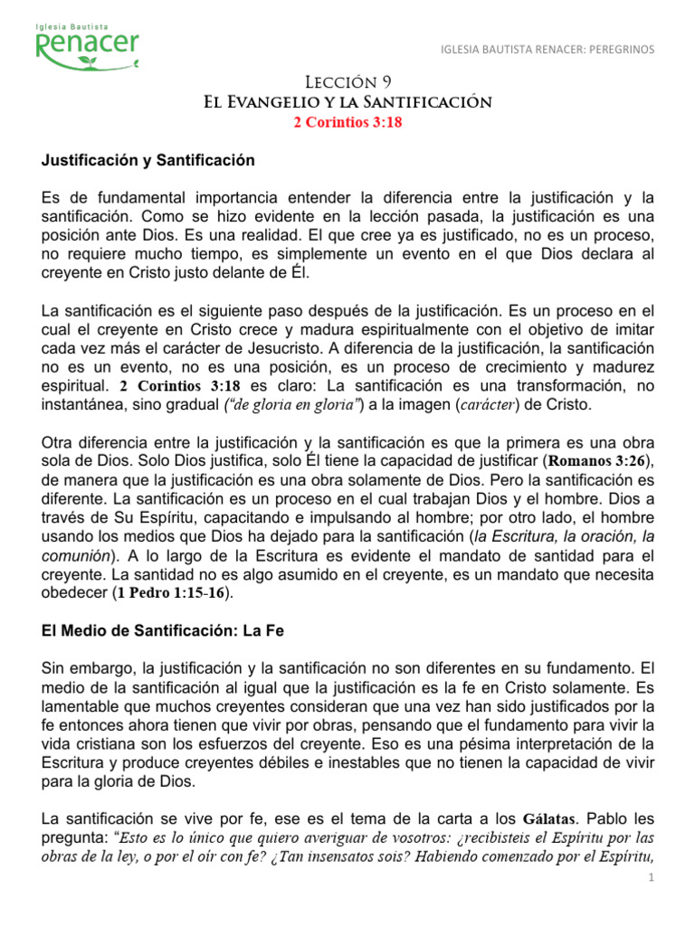 Lección 9 - El Evangelio y La Santificación | PDF