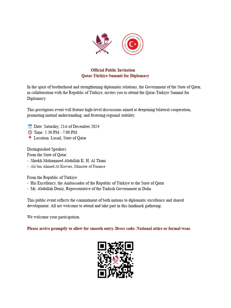 Official Public Invitation Qatar-Türkiye Summit For Diplomacy | PDF