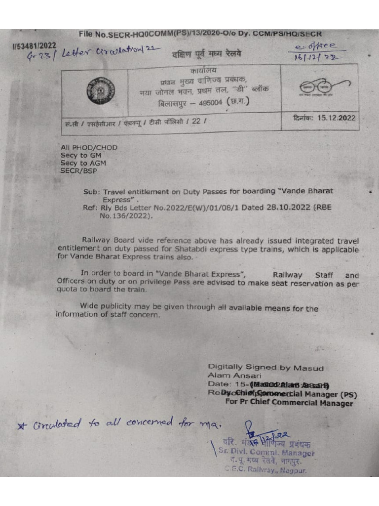 Travel Entitlement On Duty Passes For Boarding Vande Bharat Express | PDF