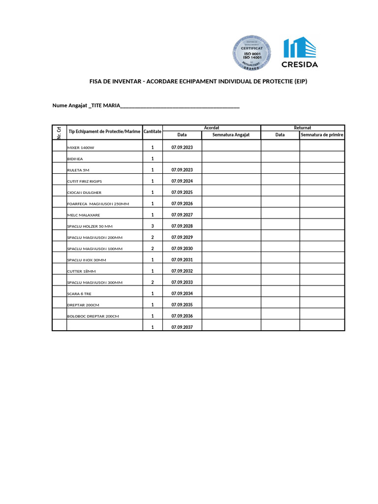 Fisa de Inventar - EIP (62220) | PDF