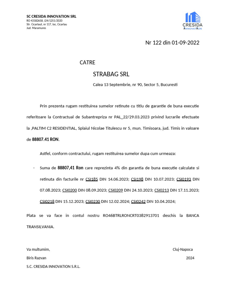Cerere Deblocare Garantii Centenar Alba | PDF