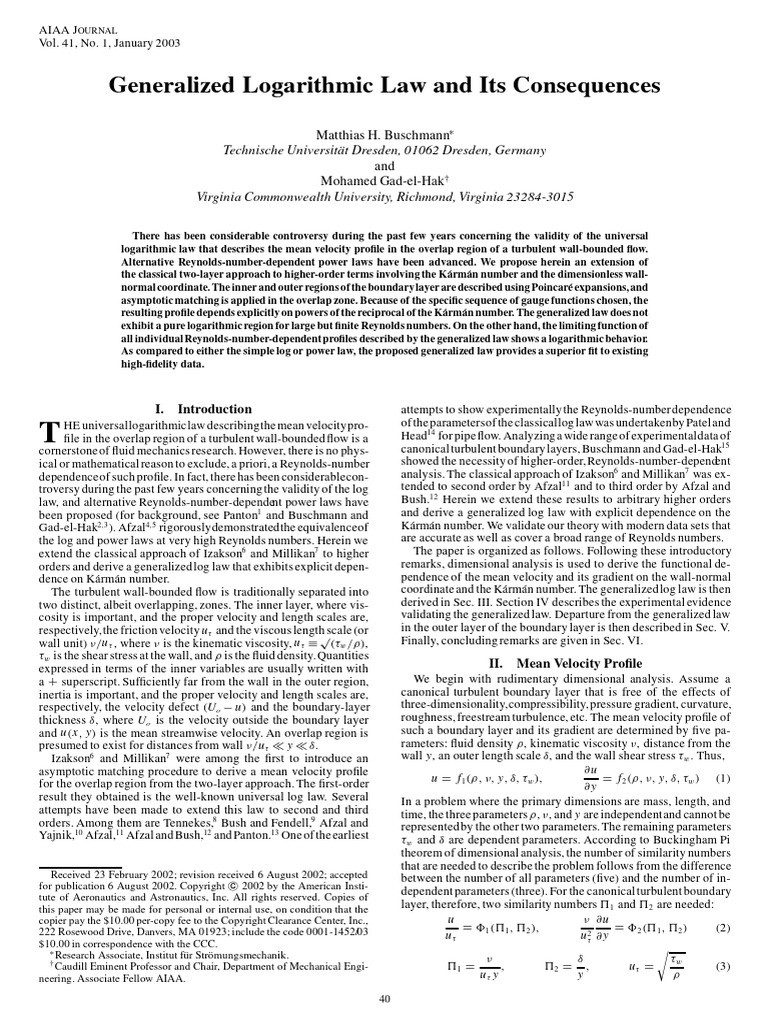 Generalized Logarithmic Law and Its Consequences (M.H.Buschmann, M.Gad-el-Hak, 2003) | PDF