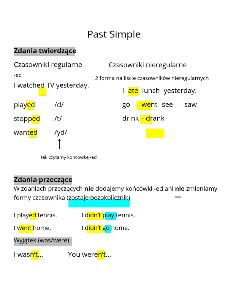 Past Simple NOTATKA | PDF