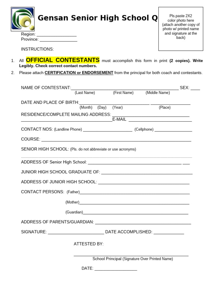 Gensan Senior High Information Sheets CONTESTANTS | PDF
