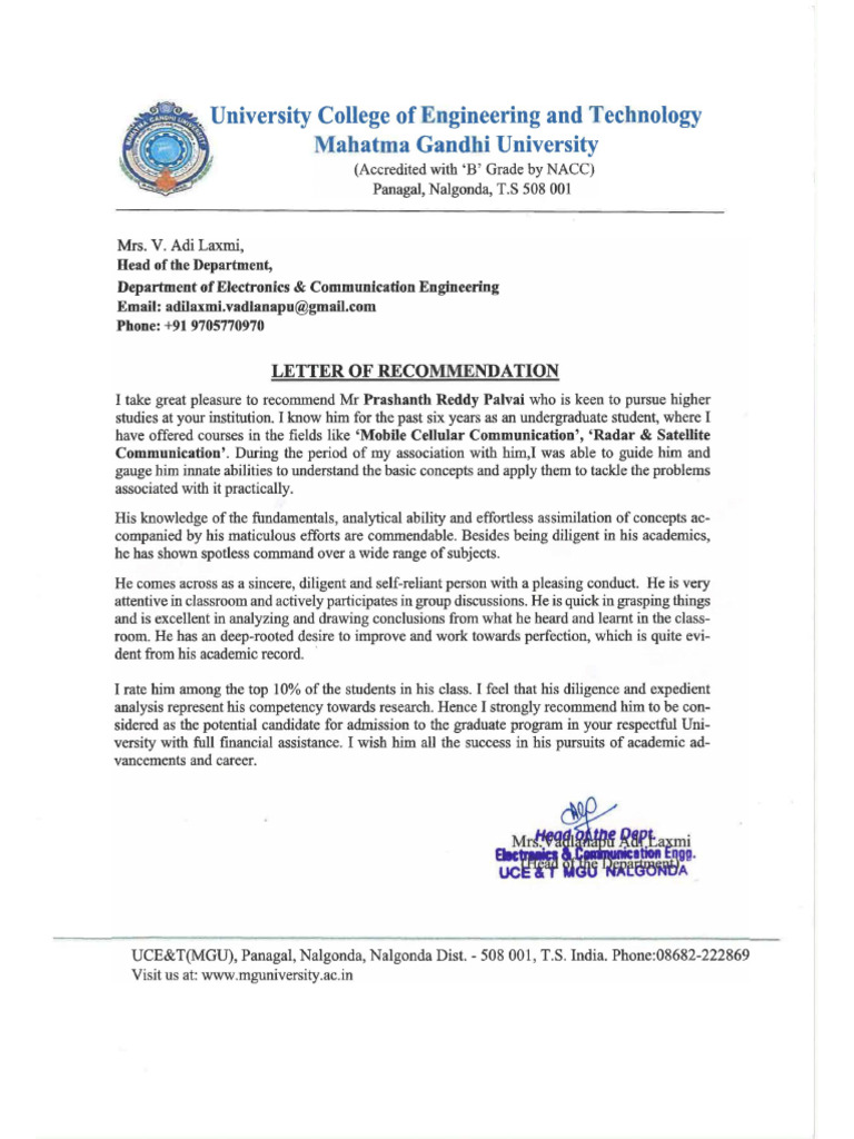 Prashanth - LOR (Adi Laxmi Madam) | PDF