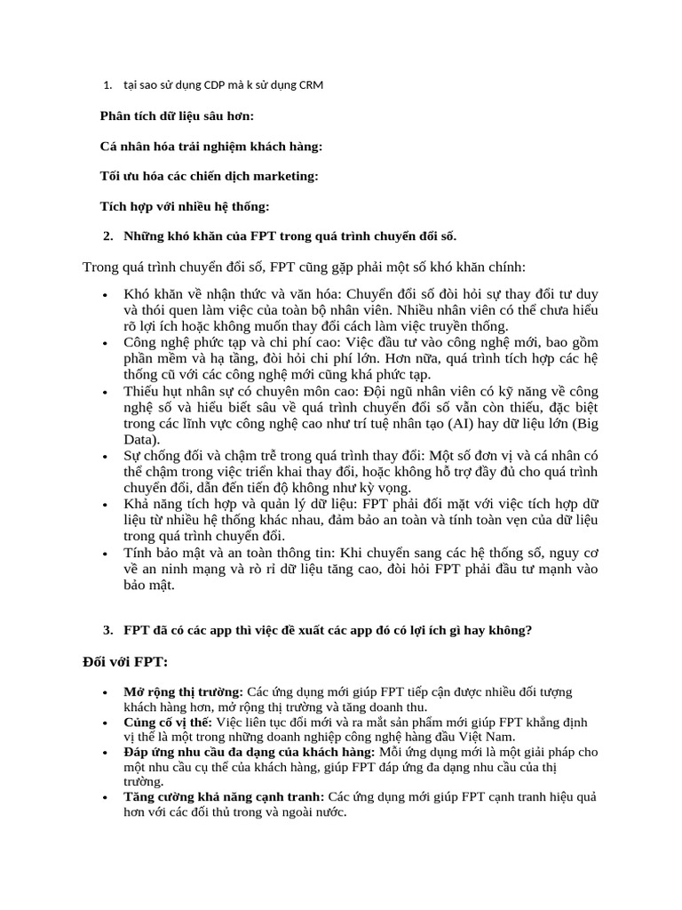 1. tại sao sử dụng CDP mà k sử dụng CRM: Đối với FPT | PDF