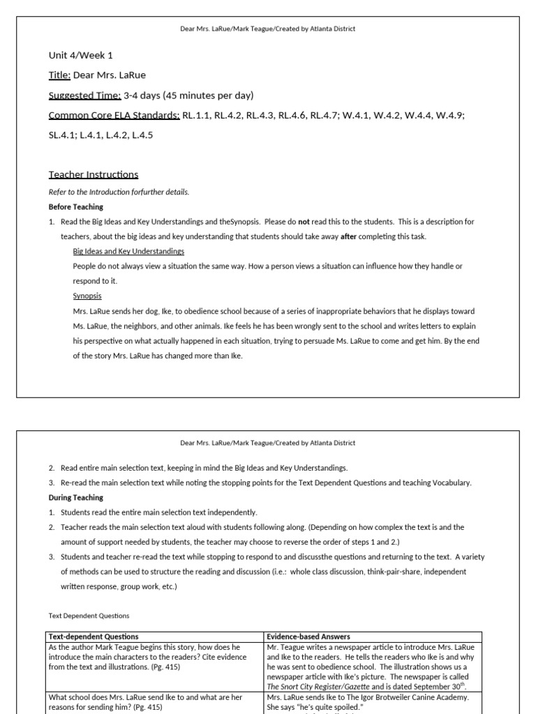 4.Dear Mrs. LaRue.lesson - Basal | PDF
