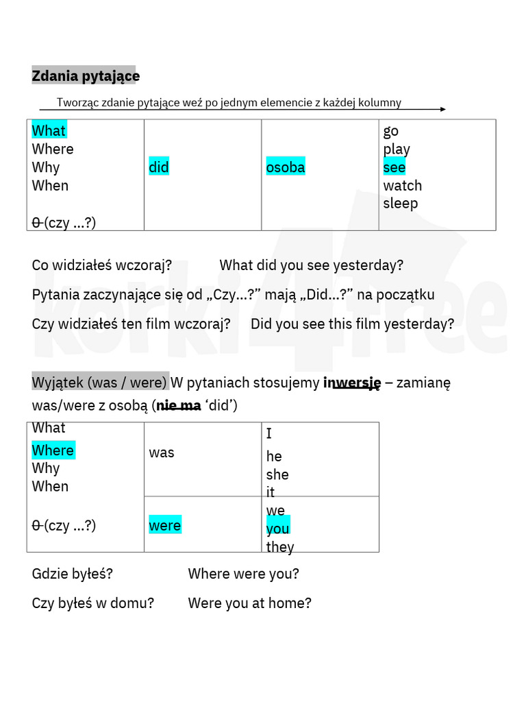 Past simple-Zdania pytające notatka | PDF