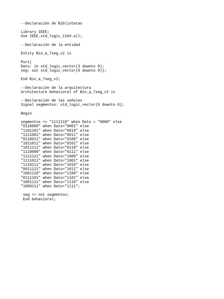 Código VHDL para Un Convertidor de Binario A 7 Segmentos Con Asignación Condicional. | PDF