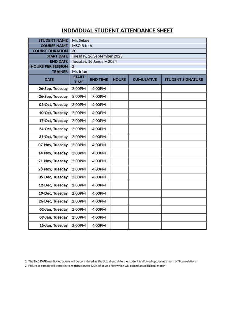 Individual Student Attendance Sheet | PDF